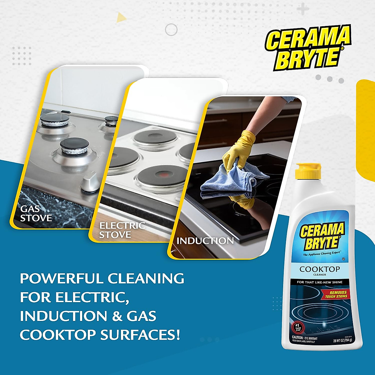 Cerama Bryte Combo Kit POW-R Grip, Scraper, Pads & Removes Tough Stains Cooktop and Stove Top Cleaner for Glass - Ceramic Surfaces, 10 Ounces, 6 Piece