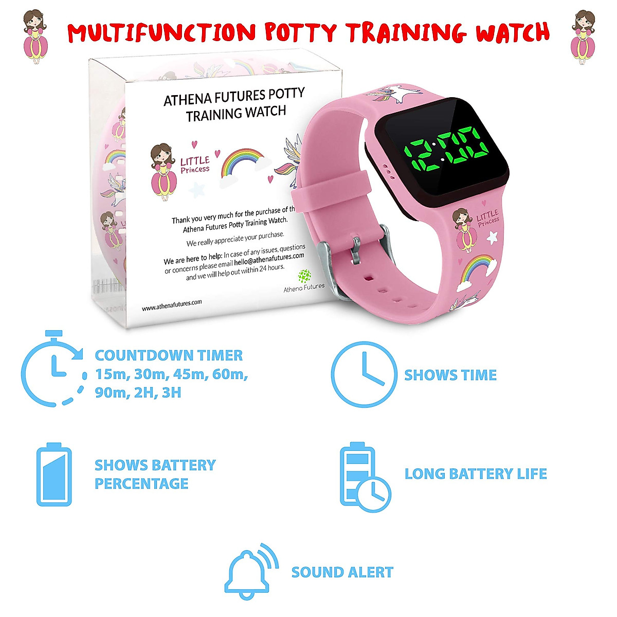 ATHENA FUTURES Potty Training Count Down Timer Watch - Princess Pink and Potty Training Chart for Girls - Princess and Unicorn Design