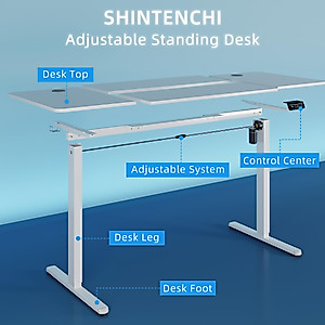 Shintenchi Electric Standing Desk, 63 x 24 Inch Height Adjustable Sit Stand Desk Morder Home Office Stand Up Desk Computer Work Station with Splice Board, (White Frame + White Top)