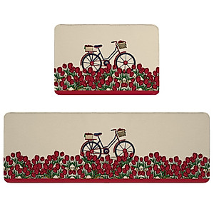 Libaoge Full of Love Bicycles and Red Rose Flower Floral Kitchen Mat Rug Set of 2 Runner Rug Anti-Fatigue Comfort Memory Foam Standing Mat Non-Slip Floor Door Mat for Bathroom Bedroom 18x30in+18x60in