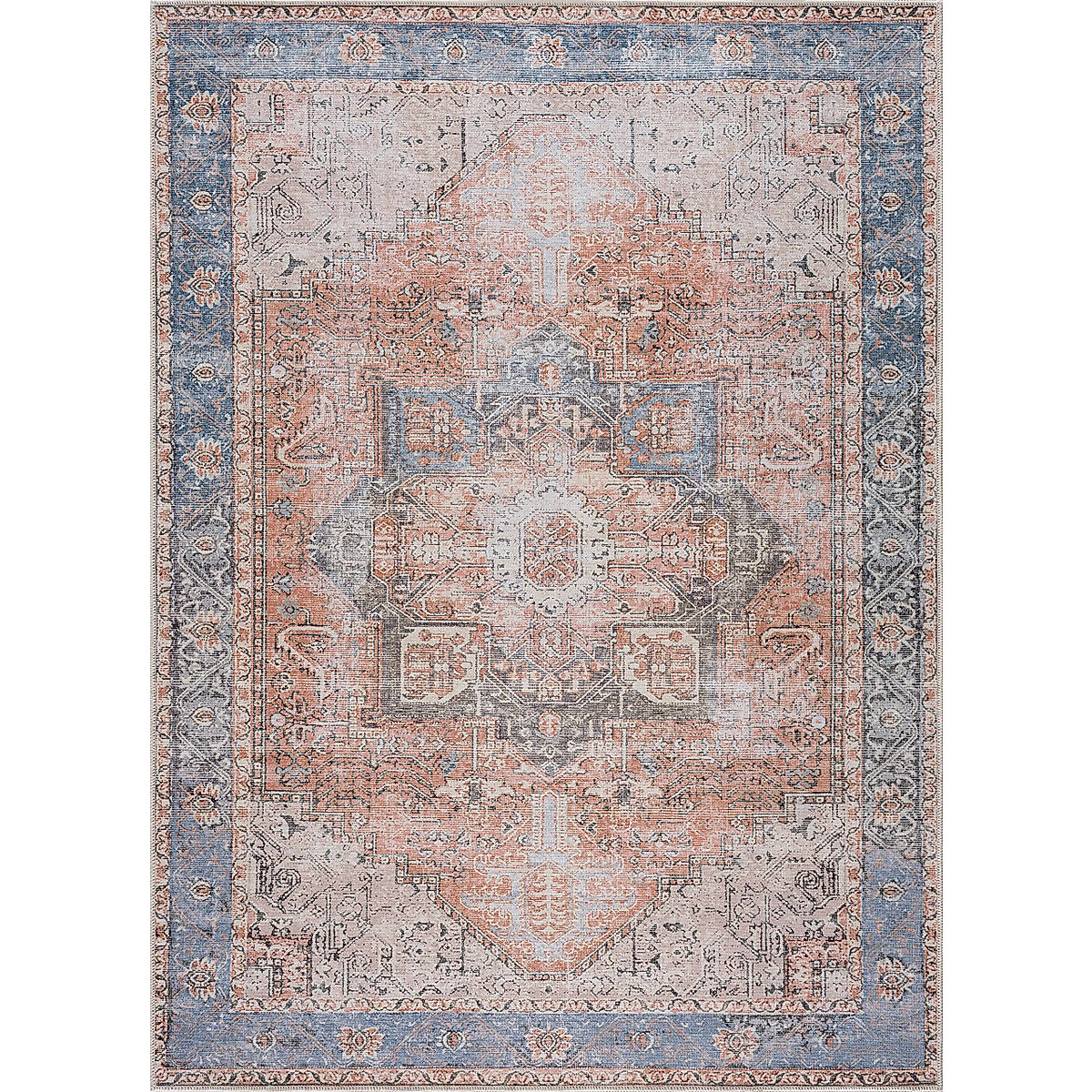 Hauteloom Rosman Machine Washable 7'10"x10'2" Living Room Bedroom Area Rug - Persian Oriental - Vintage Distressed Medallion - Pet & Child Friendly - Stain & Water Resistant - Terracotta, Brown