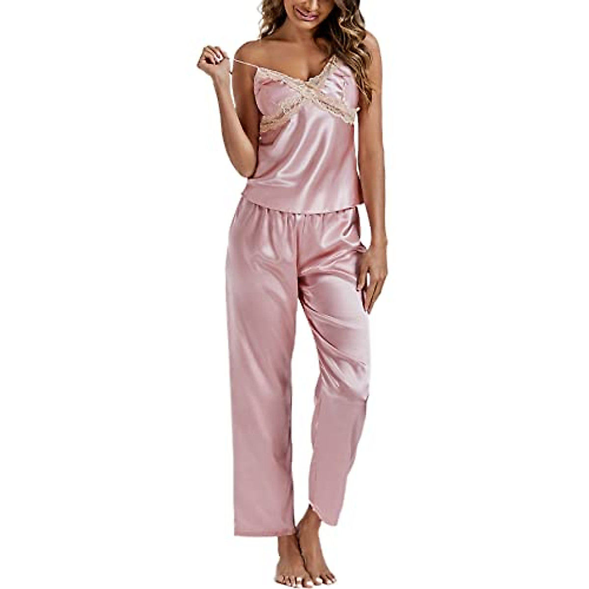 LYANER Women's Satin Silk Pajamas Set V Neck lace Trim Cami Top and Pants Sleepwear Pjs Set Pink Medium