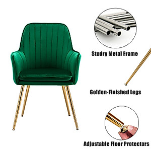 Altrobene Modern Accent Dinging Chair, Velvet Home Office Desk Chair No Wheels, Living Room Bedroom Arm Chair with Golden Finished Metal Legs, Green