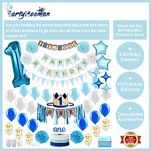 Baby 1st Birthday Boy Decorations with Crown - Baby Boy First Birthday Decorations High Chair Banner - Cake Smash Party Supplies - Happy Birthday ONE Burlap Banner, No.1 Gold and Blue Crown