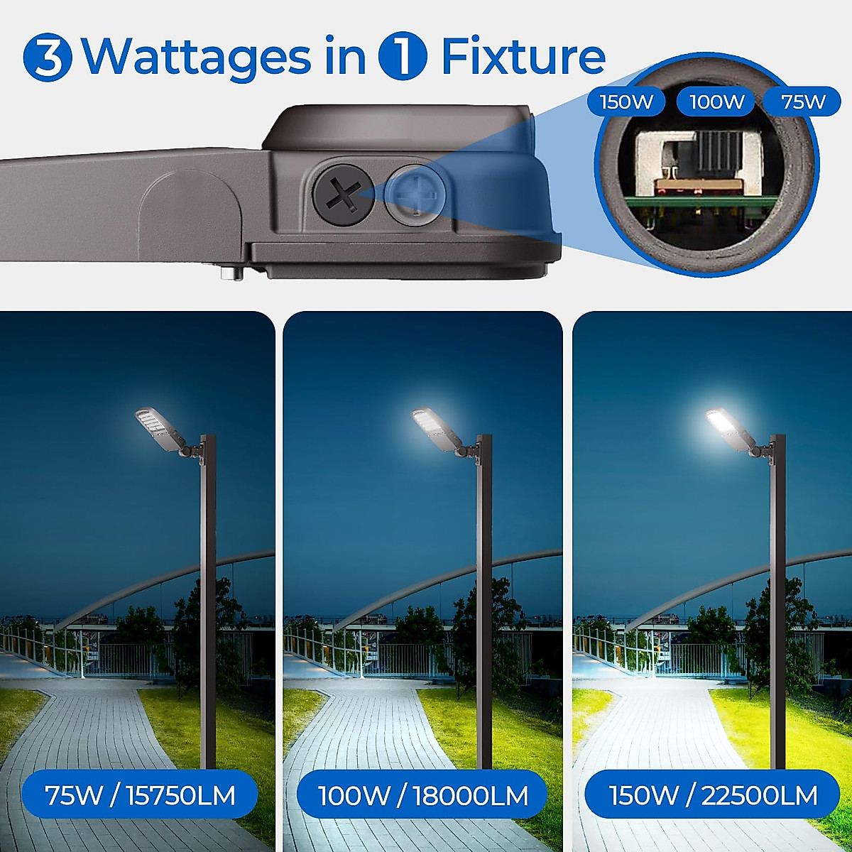 CINOTON 150W/100W/75W LED Parking Lot Light Outdoor 22500LM, 100-277V Dusk to Dawn IP65 Waterproof Commercial Street Light with Arm & Slipfitter Mount for Warehouse, 5000K Daylight ETL Listed 1 Pack