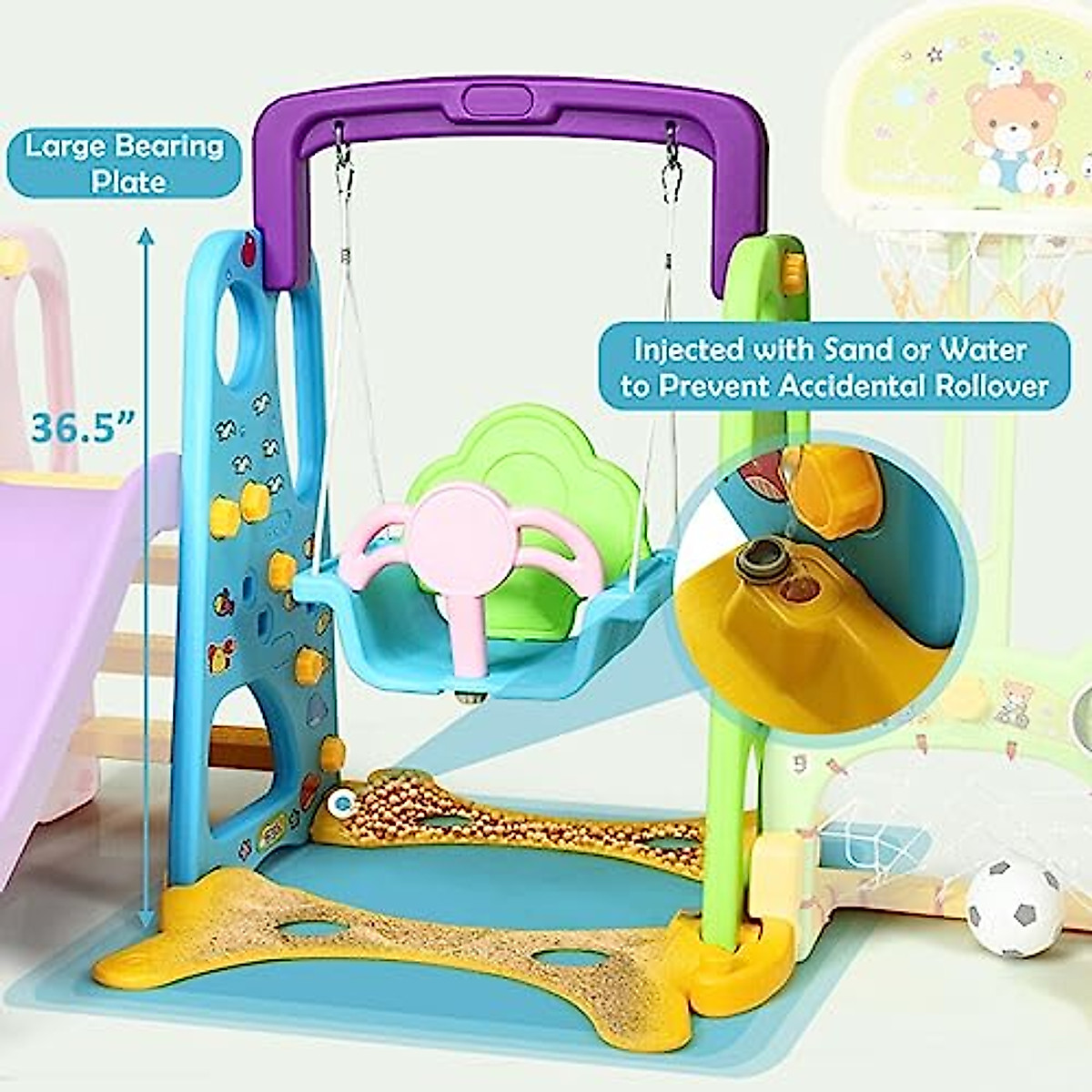 6 in 1 Toddler Swing and Slide Set, Kids Large Climber Slide Playset with Basketball Hoop, Football Gate and Golf Hole, Playground Swing Set for Indoor Outdoor Backyard 3-10 Gifts Presents