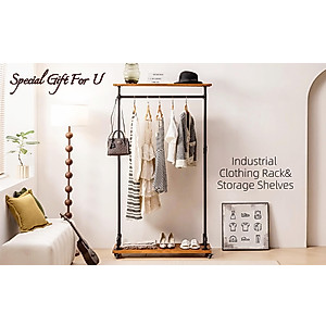 BIXIRAO Industrial Pipe Clothing Rack on Wheels, Rolling Iron Garment Racks with Wood Shelves, Commercial Heavy Duty Clothing Racks, Steampunk Clothes Rack Retail (Two Tiers)