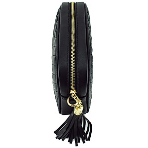 Simple Shoulder Bag Crosbody with Metal Chain Strap and Tassel Top Zipper (Black)