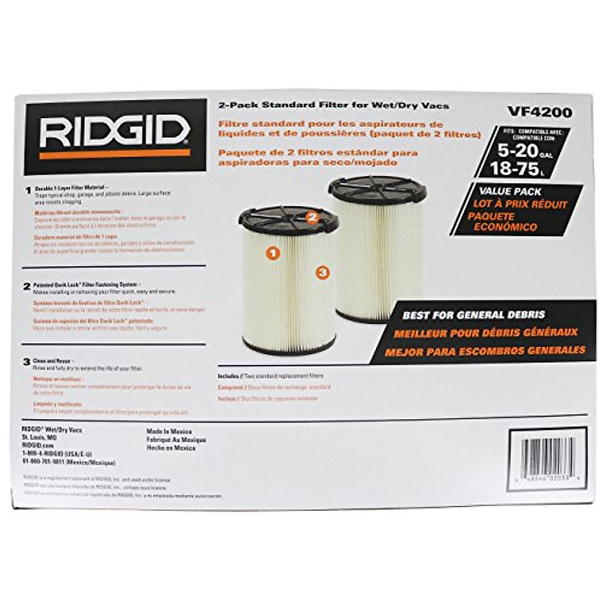 Ridgid VF4200 Genuine Replacement 1-Layer Everyday Dirt Wet/Dry Vac Filter for Ridgid 5-20 Gallon Vacuums (2 pack VF4000)