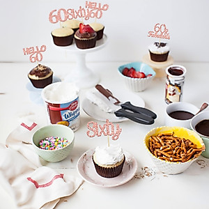 Gyufise 24Pcs Rose Gold Glitter 60th Birthday Cupcake Toppers Hello 60 Sixty Cake Toppers 60 & fabulous Cupcake Picks 60th Birthday Cake Decorations Supplies