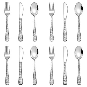 E-far 12-Piece Toddler Silverware, Stainless Steel Kids Preschooler Utensils with Adult Look, Hammered Flatware Includes 4 Forks 4 Spoons 4 Knives, Safe for Self Feeding, Non-Toxic & Dishwasher Safe