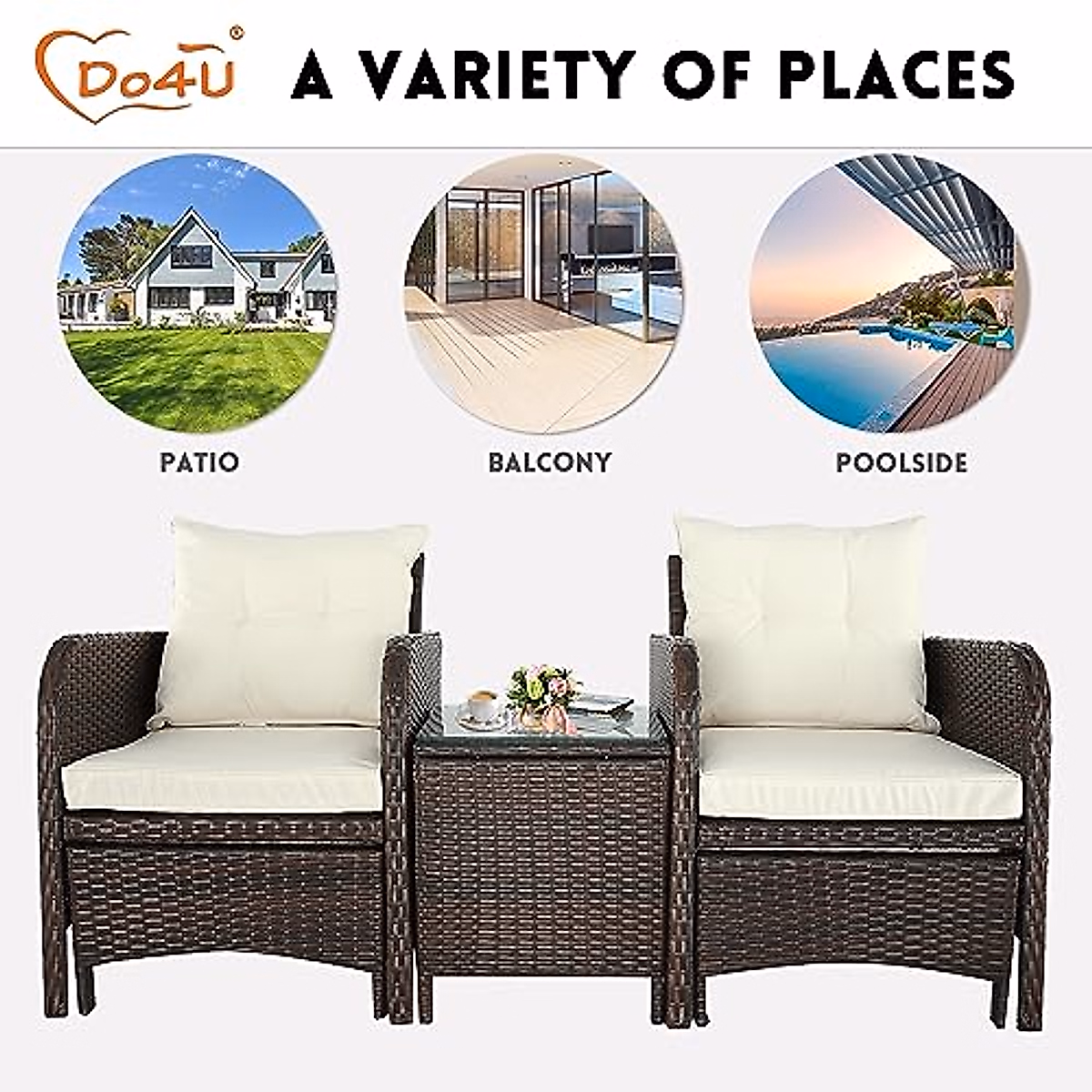 Do4U 5 Pieces Classic Blue Large Rectangular Wicker Conversation Set with PE Rattan and Glass Coffee Table for Patio, Backyard, Pool (Beige)