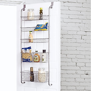 5 Tier Over The Door Pantry Organizer (Silver), By Home Basics | Metal Pantry Door Rack | Hanging Pantry Organizer For Condiments, Spices, Snacks, and Canned Goods