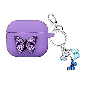 Butterfly Case for Airpod 3 Case,Cute Airpods 3rd Gen Case Cover for Apple AirPods 3rd Generation (2021), Funny Protective Silicone Case Accessories with Butterfly Keychain for Women Girl (Purple)