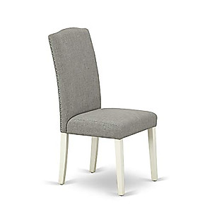 East West Furniture HBEN3-LWH-06 3 Piece Dining Table Set Contains a Round Dining Room Table with Pedestal and 2 Dark Shitake Linen Fabric Parsons Chairs, 42x42 Inch, Linen White