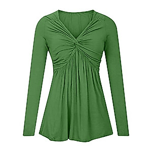SMIDOW Womens Sexy Twist Front v Neck Tops Trendy Spring Long Sleeve Shirts Solid Casual Loose Comfy Pleated Blouse