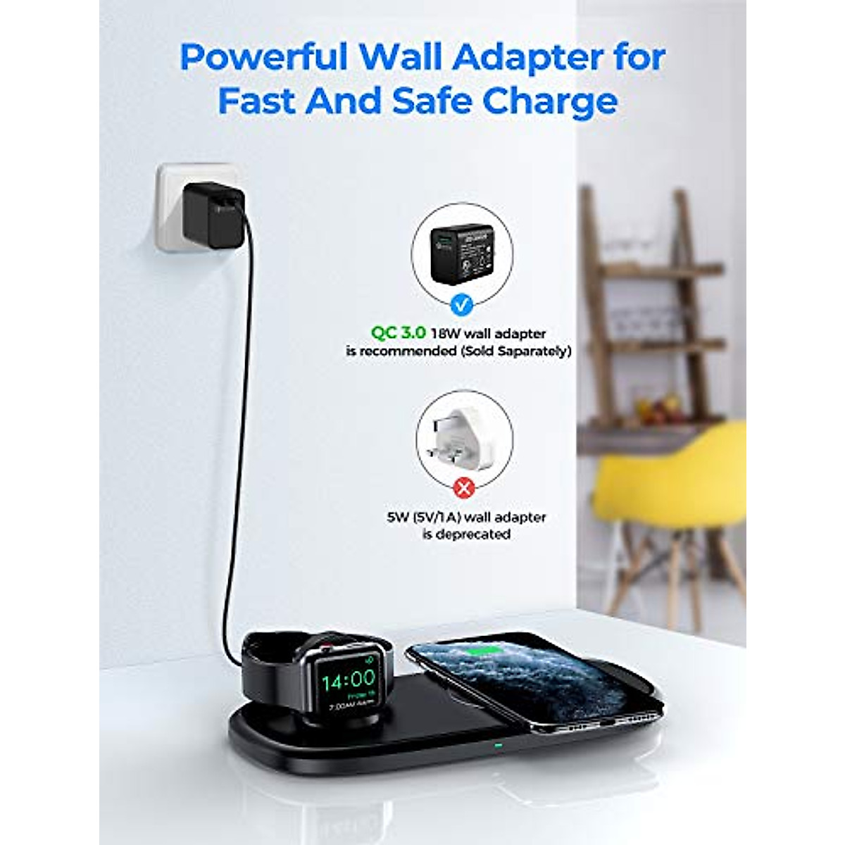 GINRGERS Wireless Charger,2 in 1 Charging Dock with iWatch Stand,iPhone Charger Compatible iphone13/12/11/X/XS Pro Max/ 8, 7/6/SE/5/4/3/2, Galaxy S21/S20/S10/S9/S8, Google, etc, Black