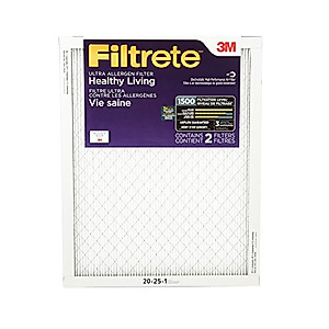Filtrete 20x25x1 Air Filter, MPR 1500, MERV 12, Healthy Living Ultra-Allergen 3-Month Pleated 1-Inch Air Filters, 2 Filters