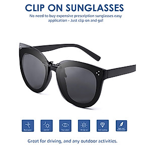 Xfeel Black Polarized Clip On Sunglasses Over Prescription Glasses for Women Men, Fit Over Eyeglasses Trendy Shades