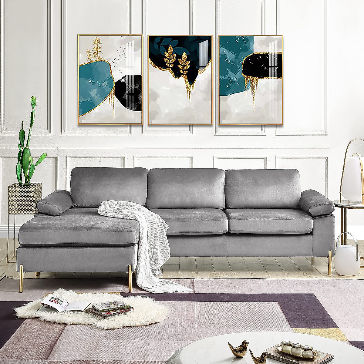 GINGVAT Velvet Upholstered Sectional Sofa, L-Shaped Chaise with Removable Back and Seat Cushions, Modern Style, Gray