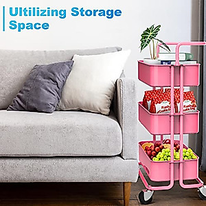 Homchwell Metal 3 Tier Utility Cart, Mesh Rolling Cart Organizer with Handle & Lockable Wheels, Multi-Functional Rolling Storage Cart for Kitchen, Bathroom, Living Room and Office