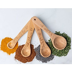 Talisman Designs Laser Etched Beechwood Measuring Spoons | Set of 4 | Nature Design | Natural Wooden Measuring Spoons Set | Cute & Functional Kitchen Tools