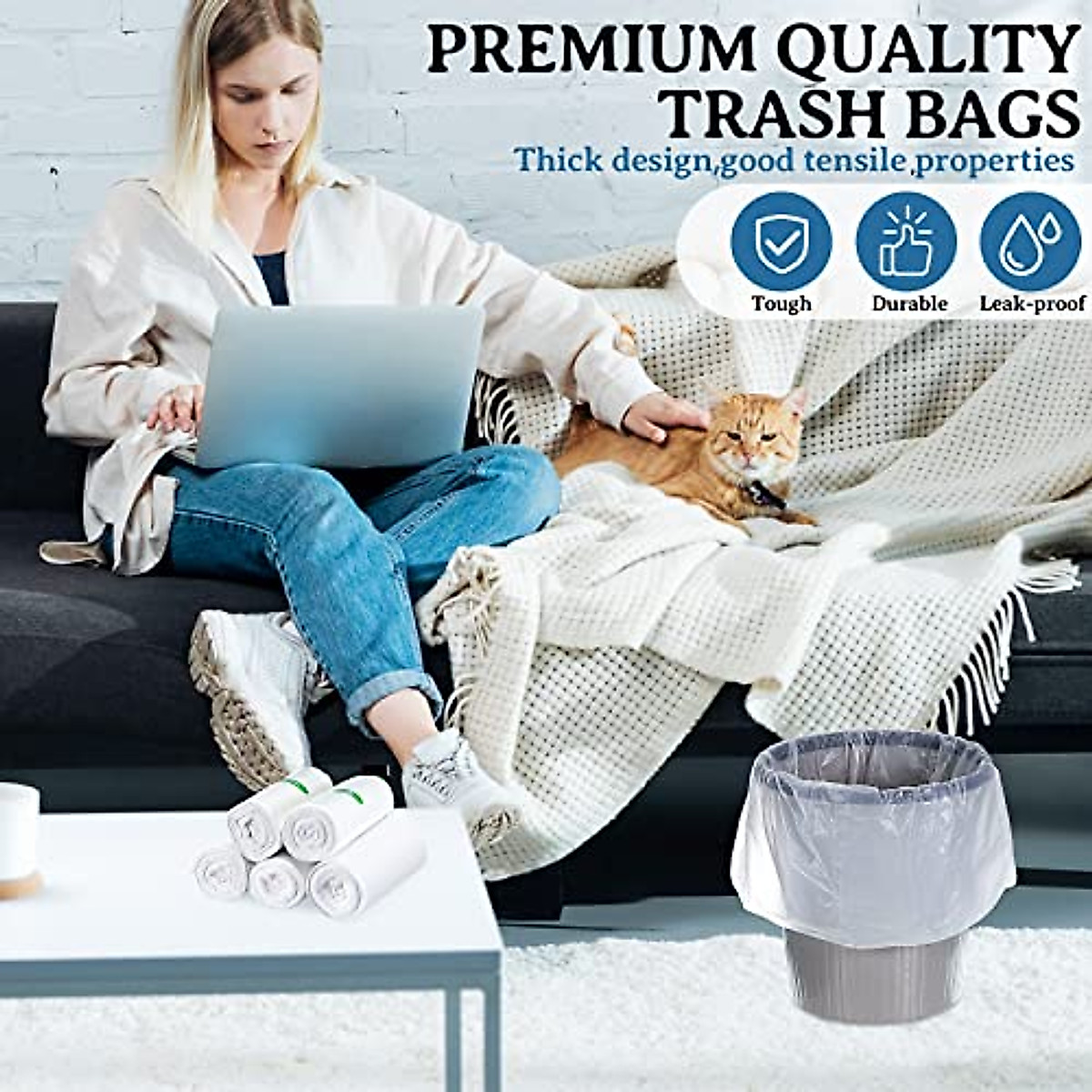 Glenmal 1000 Counts 2.6 Gallon Trash Bags Compostable Small Garbage Bags Bathroom Trash Bags Unscented Wastebasket Bags Trash Can Liners for Office Kitchen Bedroom (White)