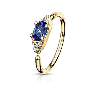 Forbidden Body Jewelry 20g 8mm Double CZ w/Oval Blue CZ Centered on Bendable 14k Gold Plated Surgical Steel Nose/Rook/Helix Hoop