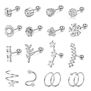 IRONBOX 18 Pcs 16G Cartilage Earrings Studs for Women Men Surgical Steel Tragus Couch Helix Piercing Jewelry Opal Flower Leaf CZ Cartilage Helix Earrings Silver