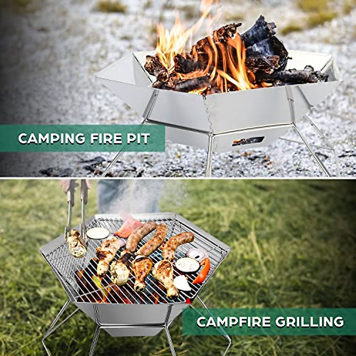 Odoland Collapsible Campfire Grill Camping Fire Pit, 304 Stainless Steel Grill Gate, Heavy Duty Portable Camping Grill Stove with Carrying Bag for Backpacking Hiking Picnic BBQ, Hexagon