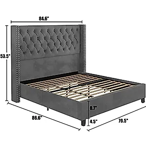 PaPaJet King Bed Frame Velvet Upholstered Bed with Deep Button Tufted/No Box Spring Needed/Easy Assembly/Dark Grey
