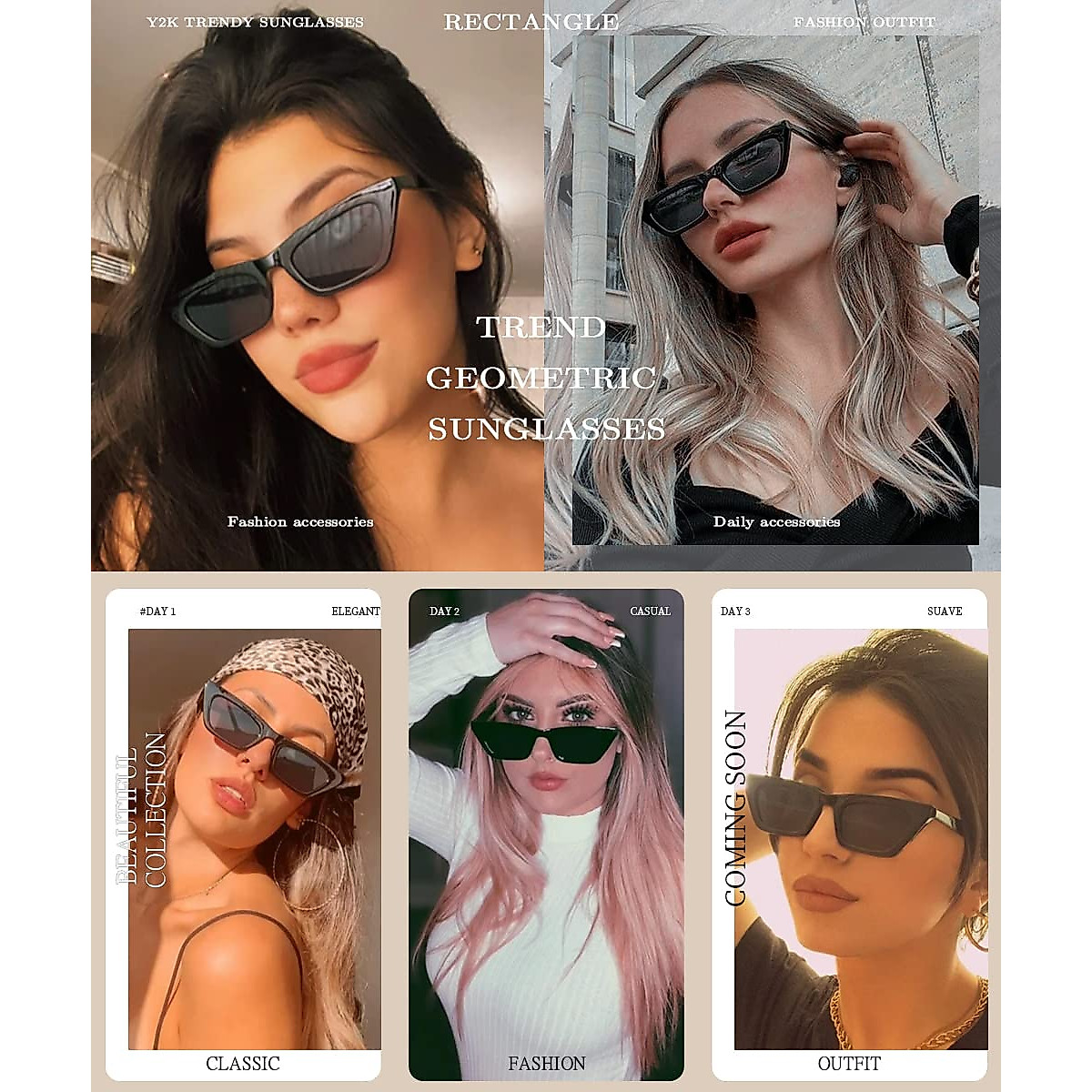 BOJOD Small Square Cat Eye sunglasses for women trendy retro skinny cool 90s sunglasses Black