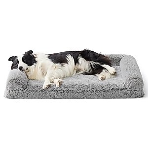Bedsure Calming Dog Bed for Large Dogs - Orthopedic Egg Foam Dog Sofa Bed, Bolster Couch Pet Bed with Removable Washable Cover, Waterproof Layer, Comfy Fuzzy Faux Fur Surface&Nonskid Bottom,Quiet Gray
