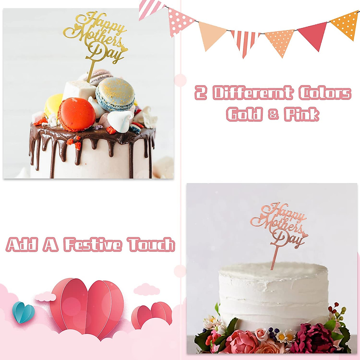 Happy Mother's Day Cake Topper, 10 Pieces Acrylic Mother's Day Cupcake Topper with Love Heart, Cake Picks Cake Decoration for Mom Day Birthday Party Supplies (Gold & Pink)