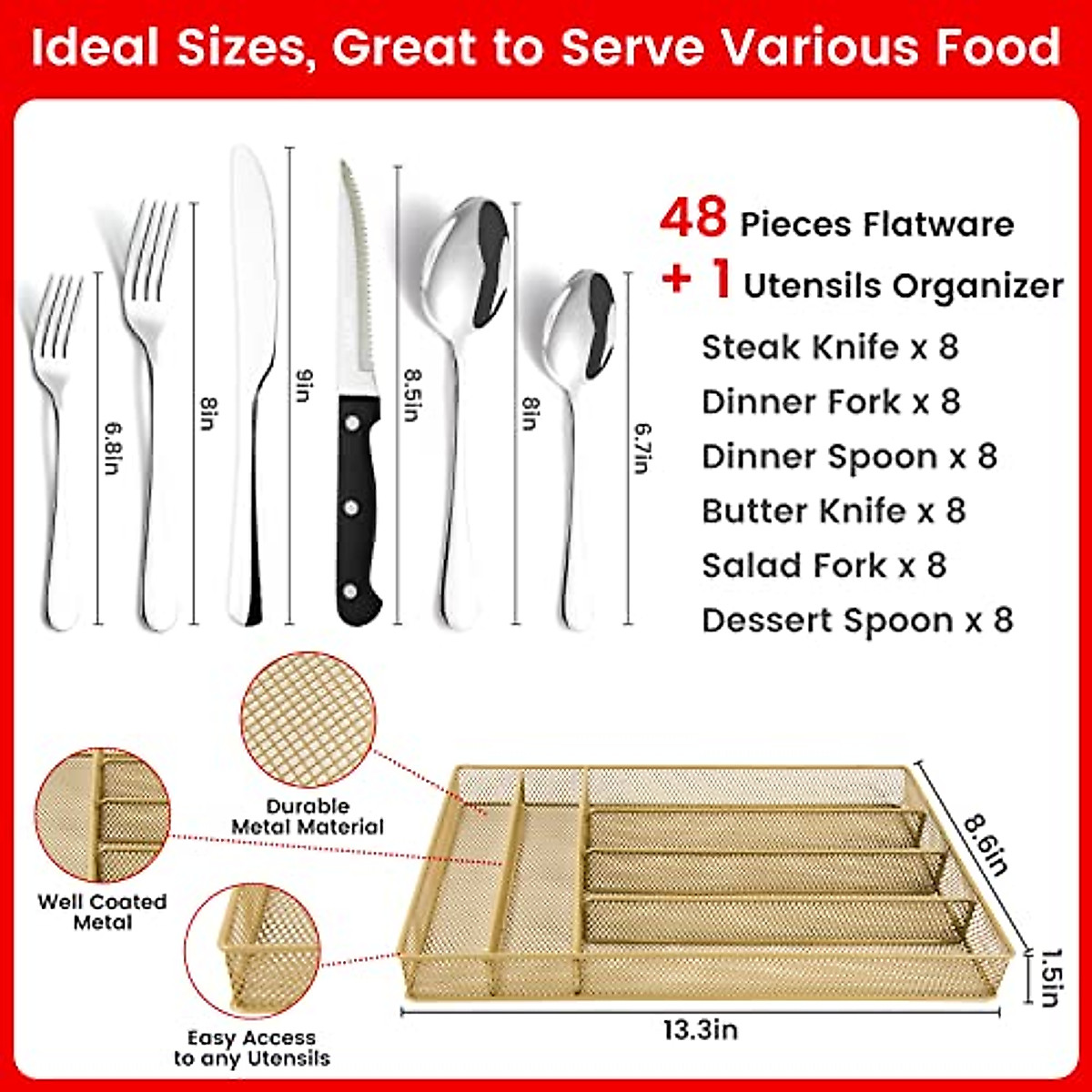 48 pieces Silverware with orgainzer, KITWARE Flatware Service for 8, Stainless Steel Utensil with metal tray, Home & Kitchen Mirror Polish Cutlery, Dishwasher Safe