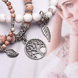 Tree of Life Turquoise Jasper & Tibetan Agate Gemstone Chakra Beaded Bracelet | Beach Charm Bracelet Set - Ocean Jewelry (Brownish Yellow)