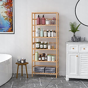 VASMIA Bookshelf,6 Tier Bamboo Adjustable Bookshelves,Tall Bookcase Shelf Storage Organizer,Free Standing Storage Shelving Unit for Living Room,Bedroom,Bathrrom and Home Office,Natural