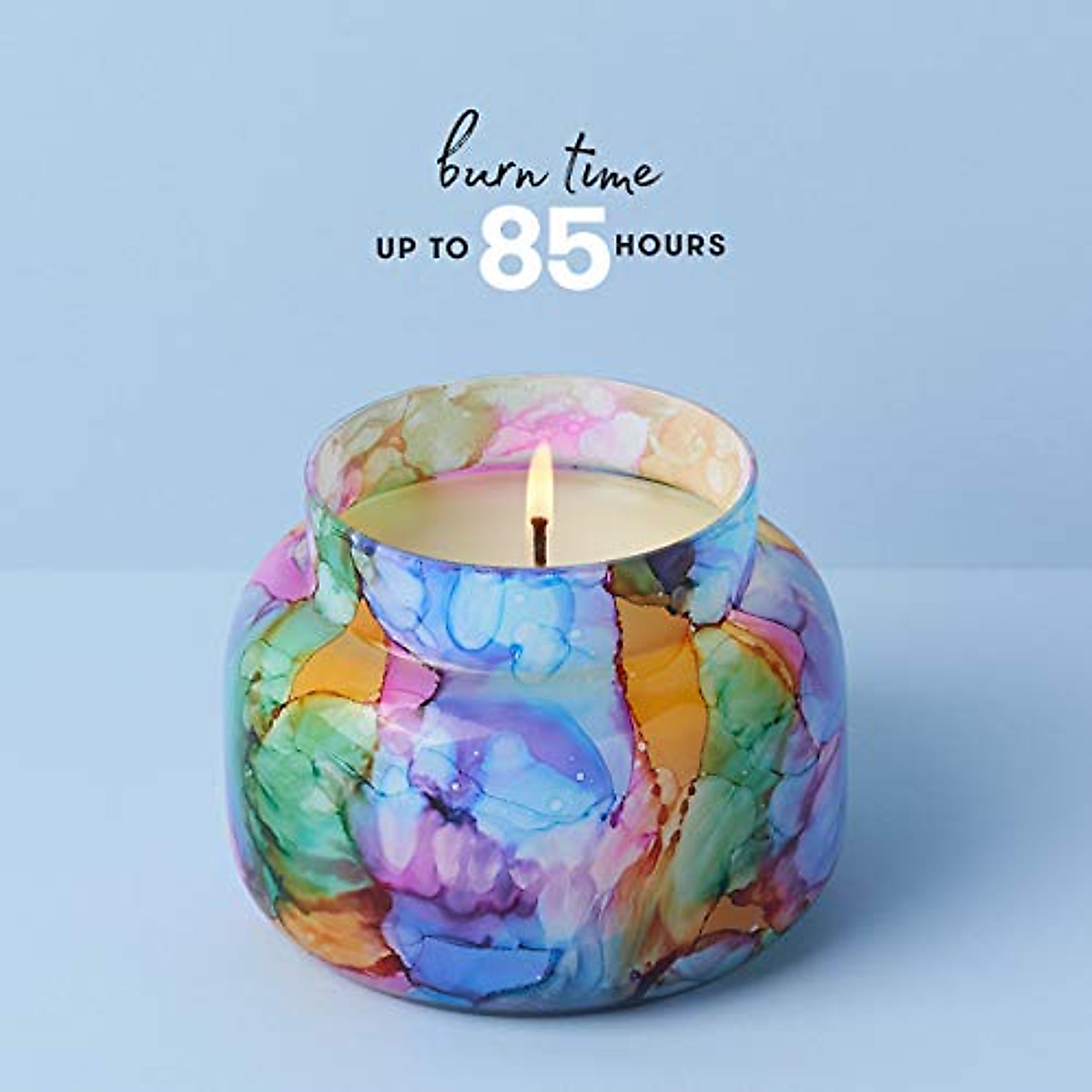 Capri Blue Scented Candle with Rainbow Watercolor Glass Candle Holder - Cotton Wick - Luxury Aromatherapy Candle - 19 Oz - Volcano