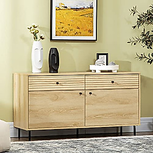 HOMCOM Sideboard Buffet Cabinet with Ribbed Texture, Woodgrain, Kitchen Cabinet, Coffee Bar Cabinet with Storage Drawers, Natural