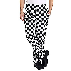 Men’s Black and White Checkerboard Print Chef Pants with Elastic Waist Drawstring Baggy Chef Uniforms BigPlaid M