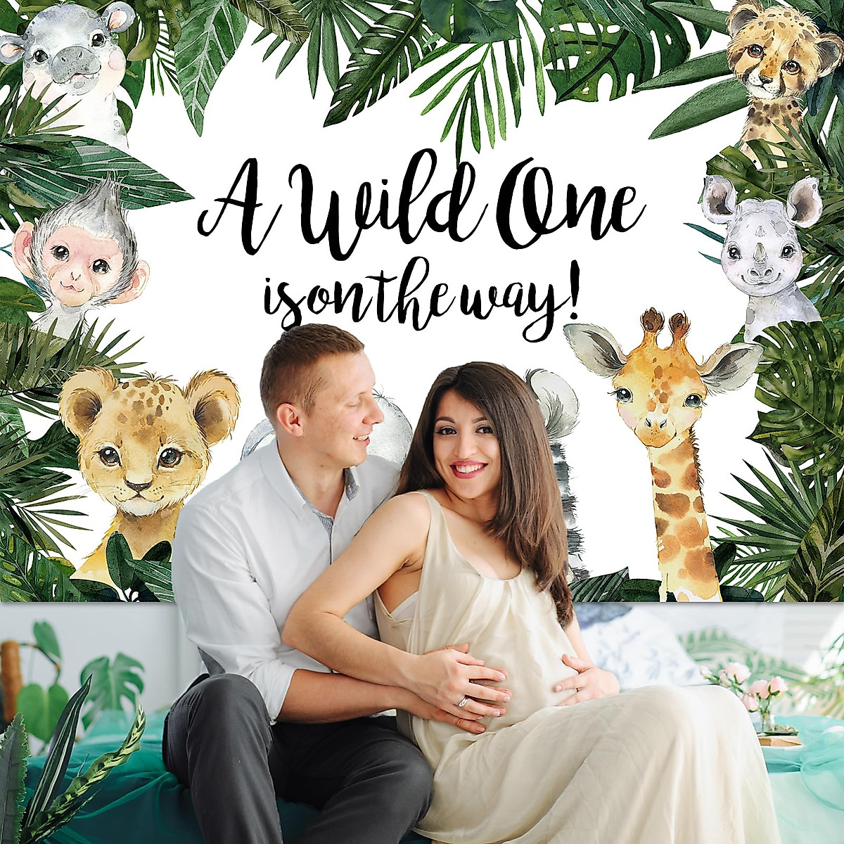 Mocsicka Safari Baby Shower Backdrop Jungle Animals Background Tropical Zoo Animals Party Cake Table Decoration Photo Booth Props (7x5ft)