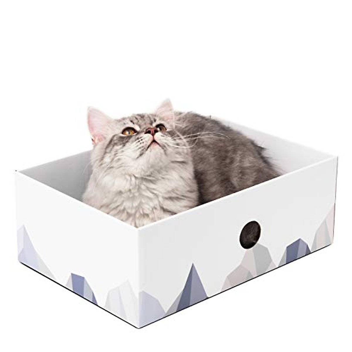 Conlun Cat Scratcher Box with Cat Scratching Pad Portable 3-Layer Corrugated Cardboard Lounger Heavy-Duty Double-Sided Cardboard Cat Scratcher and Interactive Hole Design White (Medium)