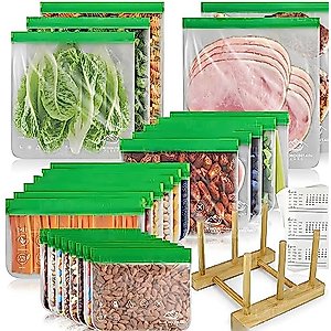 24 Pack Storage Bags for Food In 5 Sizes & 25 Freezer Labels With Drying Rack bpa free food bags, XL 12 X 14 Reusable Gallon Bags For Food, Silicone Storage Bags For Food Kids Reusable Snack Bags