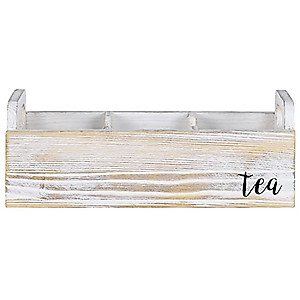 MyGift Shabby Chic Whitewashed Wood Tea Bag Storage Organizer Box, Tea Sachet Sugar Packet Holder and Server Rack Caddy with 3 Compartments and Cut Out Handles