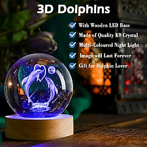 IFOLAINA Dolphin Gift 3D Dolphins Figurines in Crystal Ball 60mm Laser Engraved Glass Sphere Home Decor with Wooden Light Base