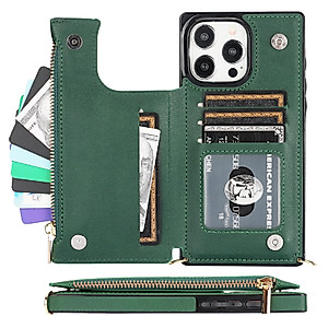 Bocasal Crossbody Wallet Case for iPhone 15 Pro Max with RFID Blocking Card Slot Holder, Magnetic Flip Folio Purse Case, PU Leather Zipper Handbag with Detachable Lanyard Strap 6.7 Inch 5G (Green)