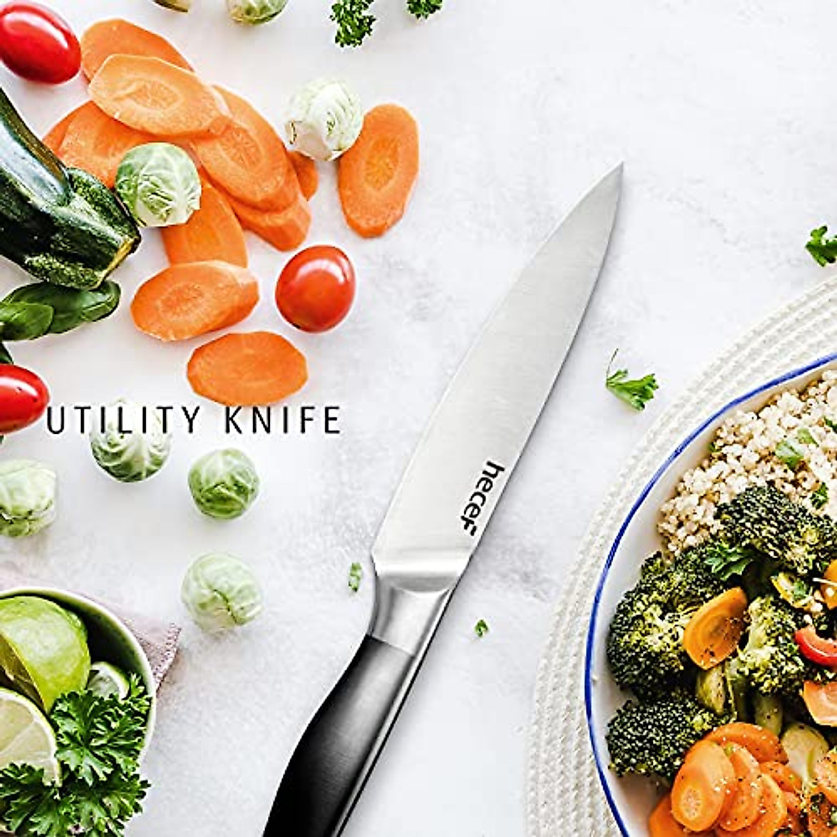 hecef Gradient Black Kitchen Knife Set of 5, Chef Knife Set with Satin Finished Blade & Hollow Handle & Protective Sheaths, Includes Chef, Santoku, Bread, Utility & Paring Knife