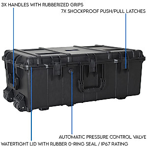 DCB Cases - Element 7975F | 32 x 21 x 12 Ext Dim | IP67 Waterproof | Pluck Foam Insert | Telescoping Handle | Rubberized Grips | Resin-Reinforced Injection Molded Plastic | 7 Latch Lid Close | Wheels