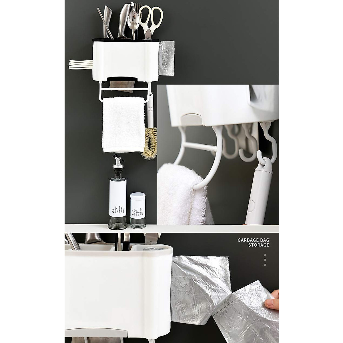 CHERISH Kitchen Multifunctional Wall Storage Rack, Adhesive Wall Mount Cutlery Knife Holder Hanger, Kitchen Cooking Utensil Holder Caddy with Phone Holder and 4 Hooks, Spoon and Fork Holder Rack