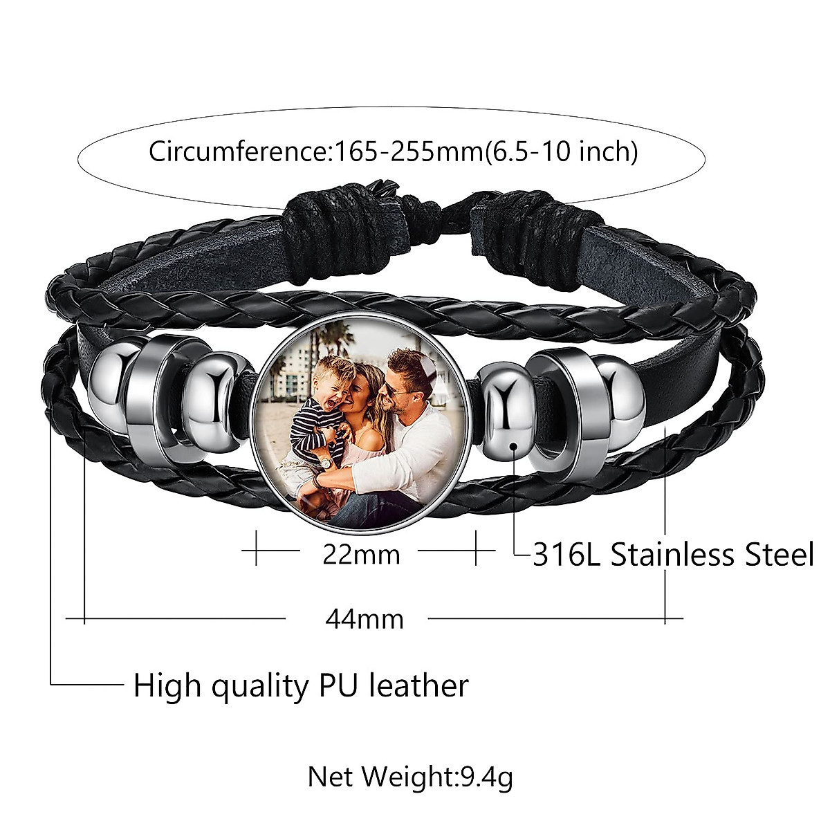 Custom4U Personalized Photo Bracelets PU Braided Leather Charm Photo Bracelets Women Men Christmas Gifts